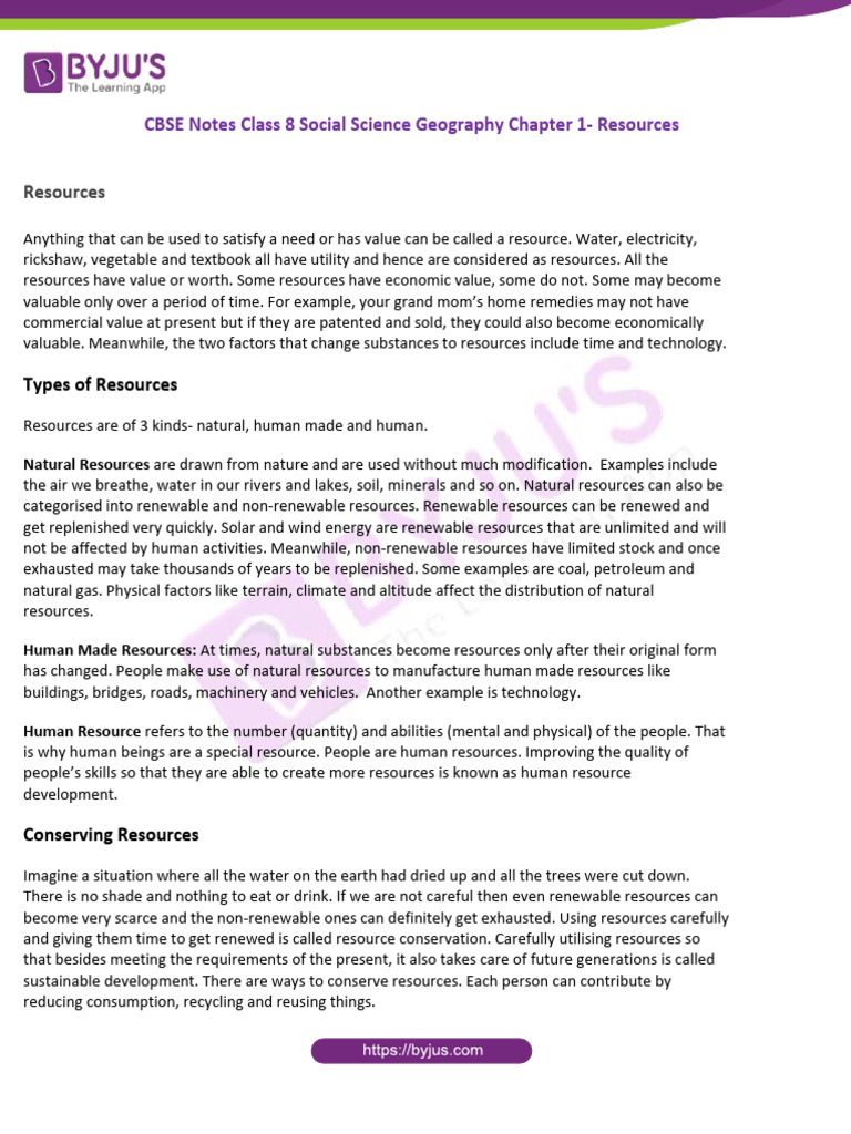 CBSE Notes Class 8 Social Science Geography Chapter 1 Resources | PDF ...
