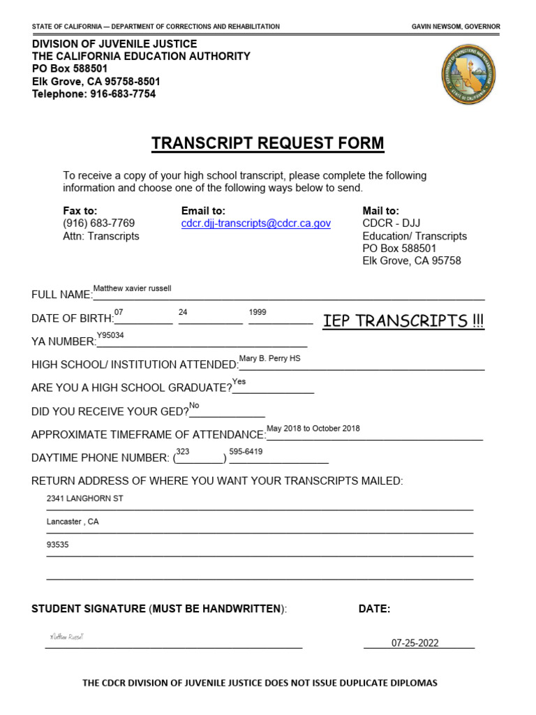 2019-DJJ-Transcript-Request-Form | PDF | Telecommunications | Written Communication