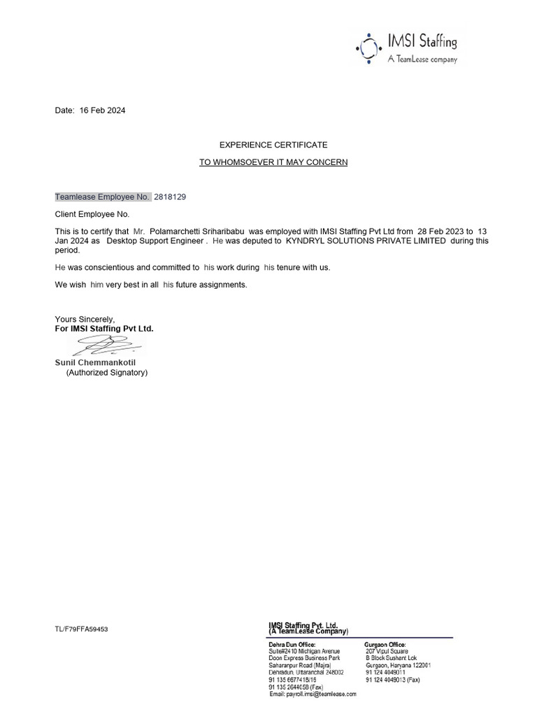 Experience Certificate for Desktop Support | PDF | Career & Growth ...