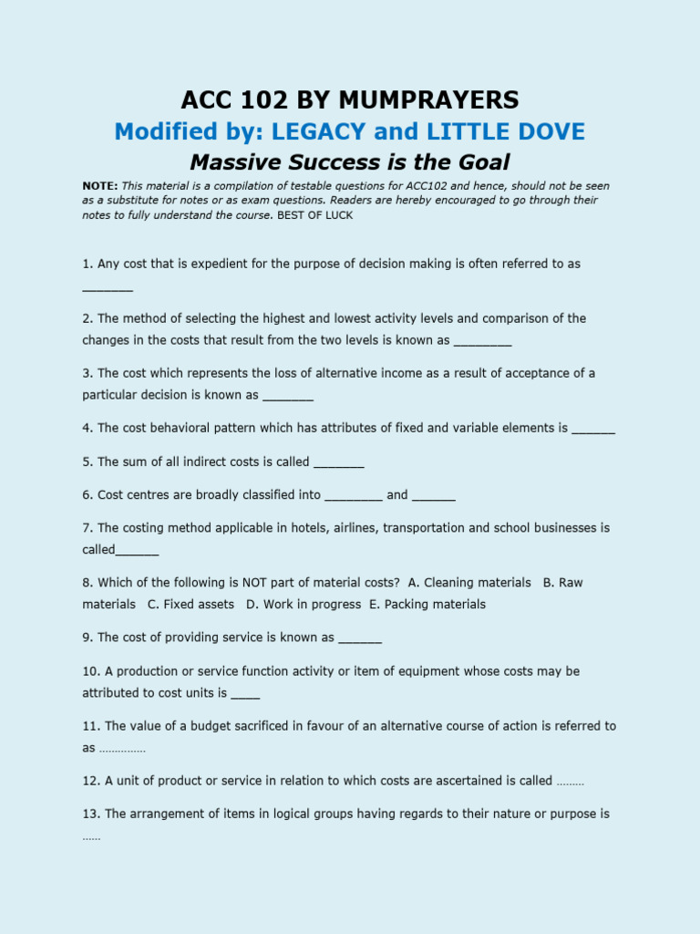 ACC 102 by Mumprayers (2021) | PDF | Cost | Cost Accounting