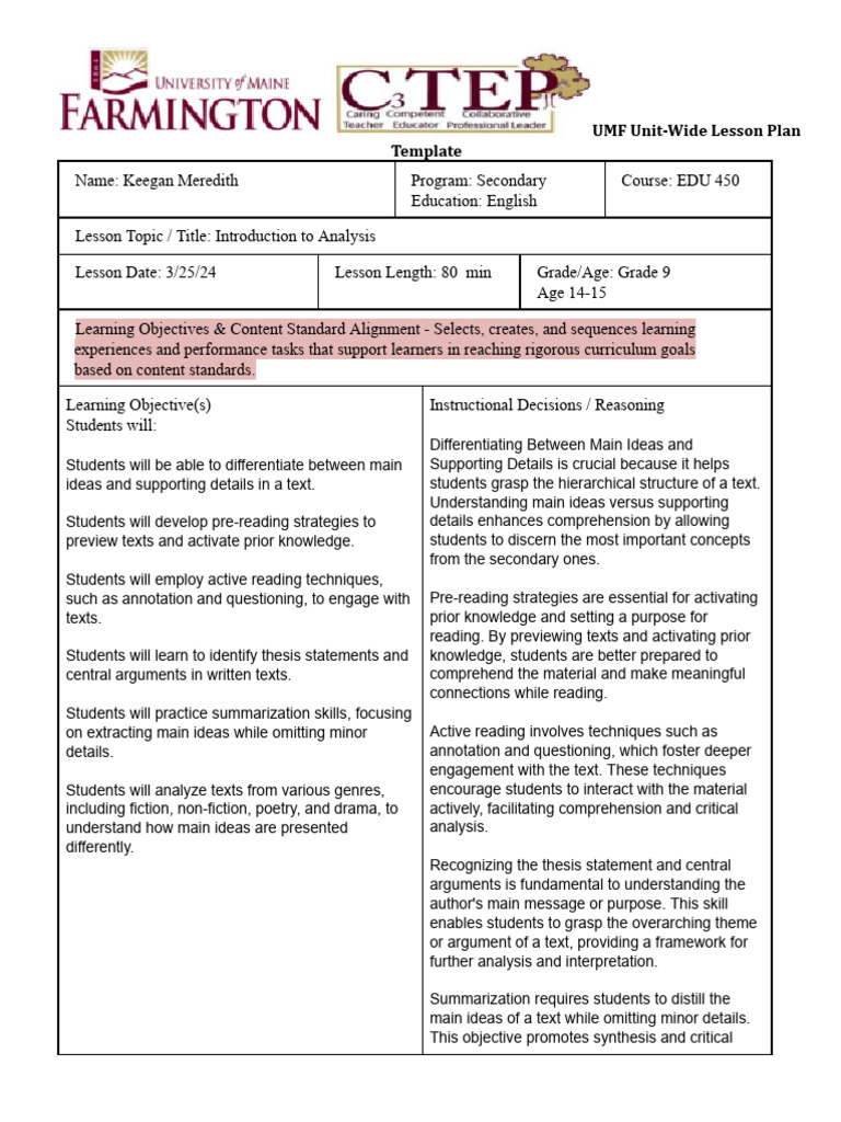 Day 1 Lesson Plan For Analysis Unit | PDF | Learning | Reading ...