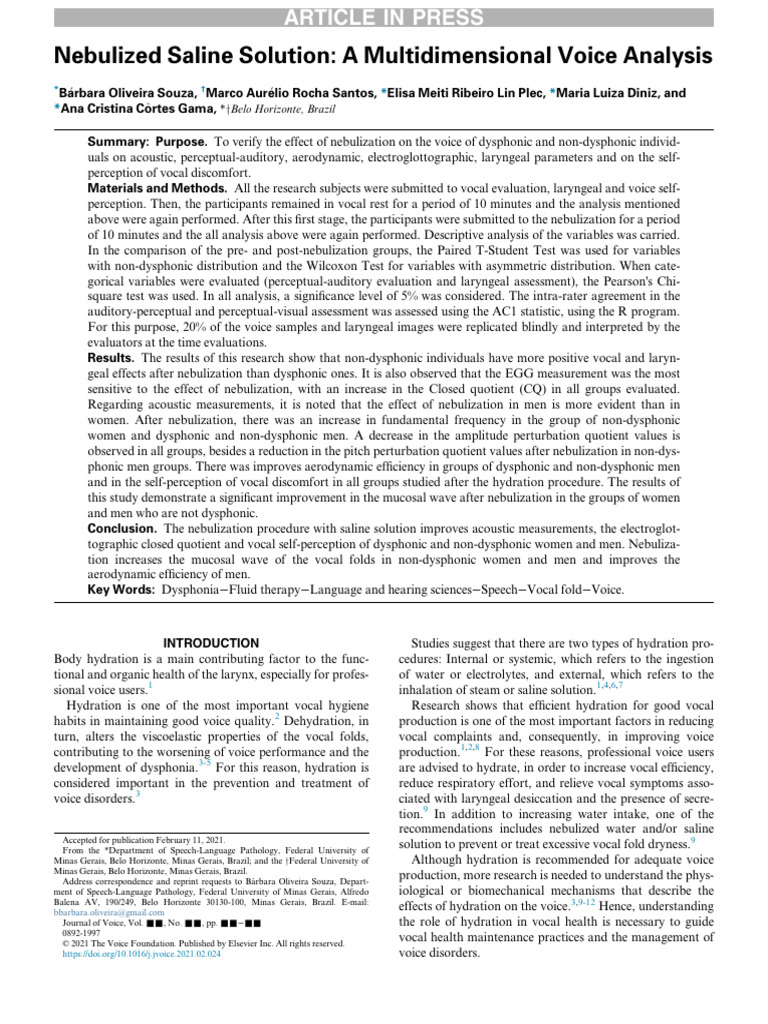 Nebulized Saline Solution - A Multidimensional Voice Analysis | PDF | Human Voice | Human Throat