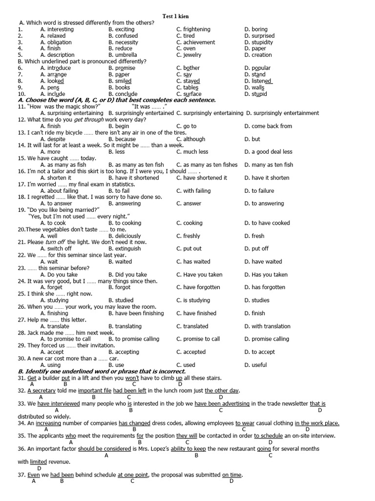 Get Through: A. Choose The Word (A, B, C, or D) That Best Completes ...