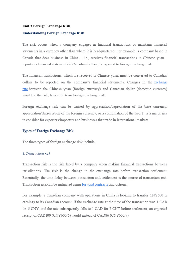 Unit 3 Foreign Exchange Risk Limit | PDF | Exchange Rate | Hedge (Finance)