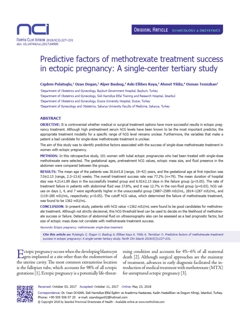 Predictive Factors of Methotrexate Treatment Success in Ectopic ...