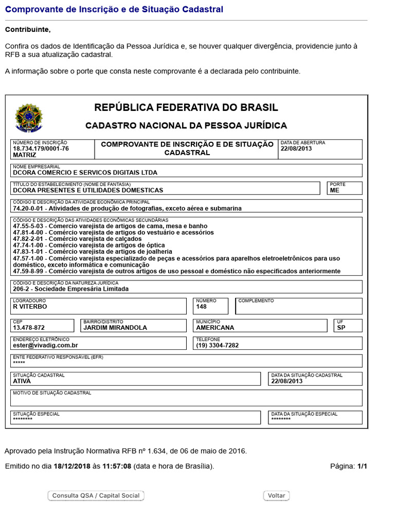 Comprovante CNPJ DCORA Comércio SP | PDF