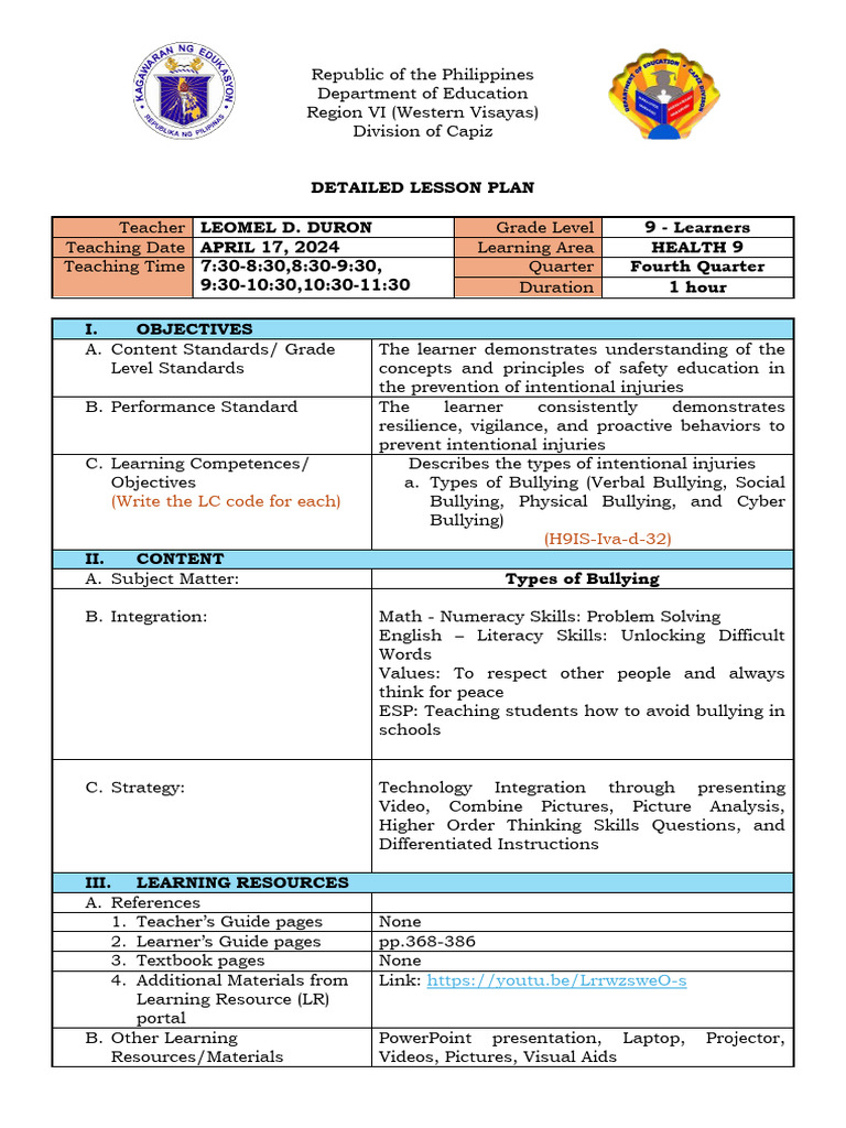 Demo Lesson Plan GR 9 | PDF | Bullying | Learning