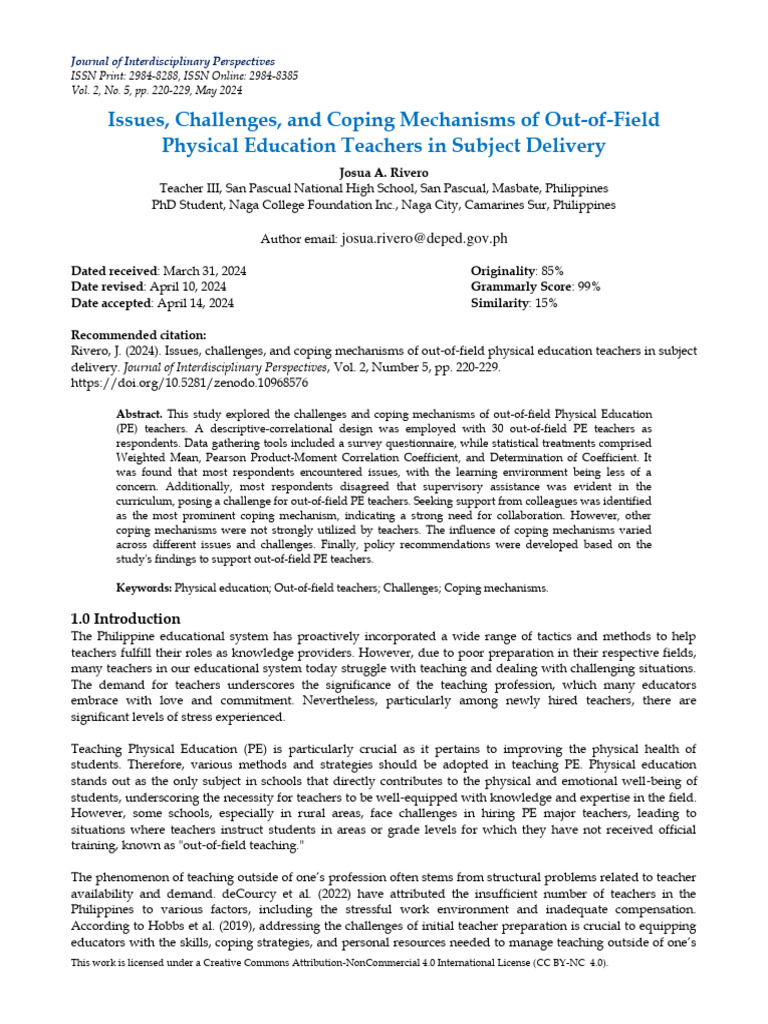 Issues Challenges And Coping Mechanisms Of Out Of Field Physical
