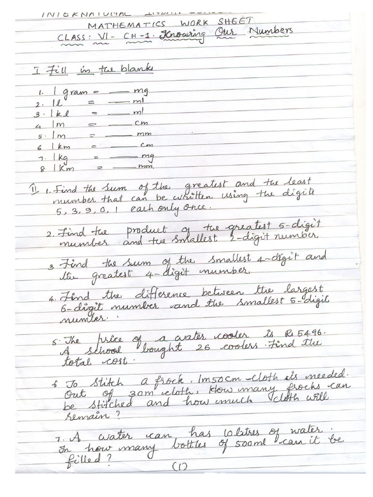 CBSE Class 6 Knowing Our Numbers Worksheet (7) | PDF