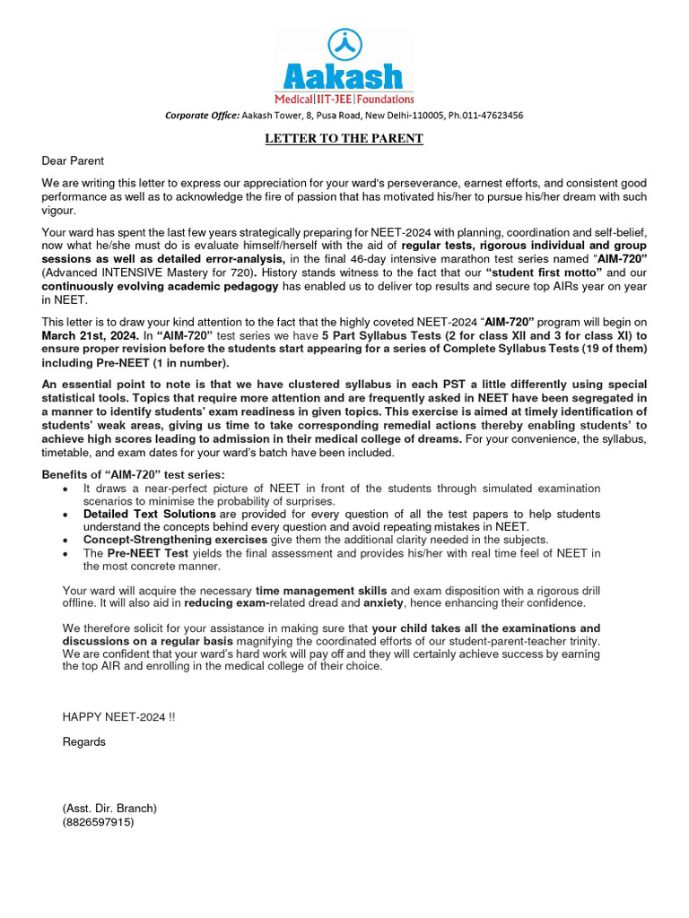 Letter To Parent - AIM-720 Program For NEET-2024 & Test Planner | PDF