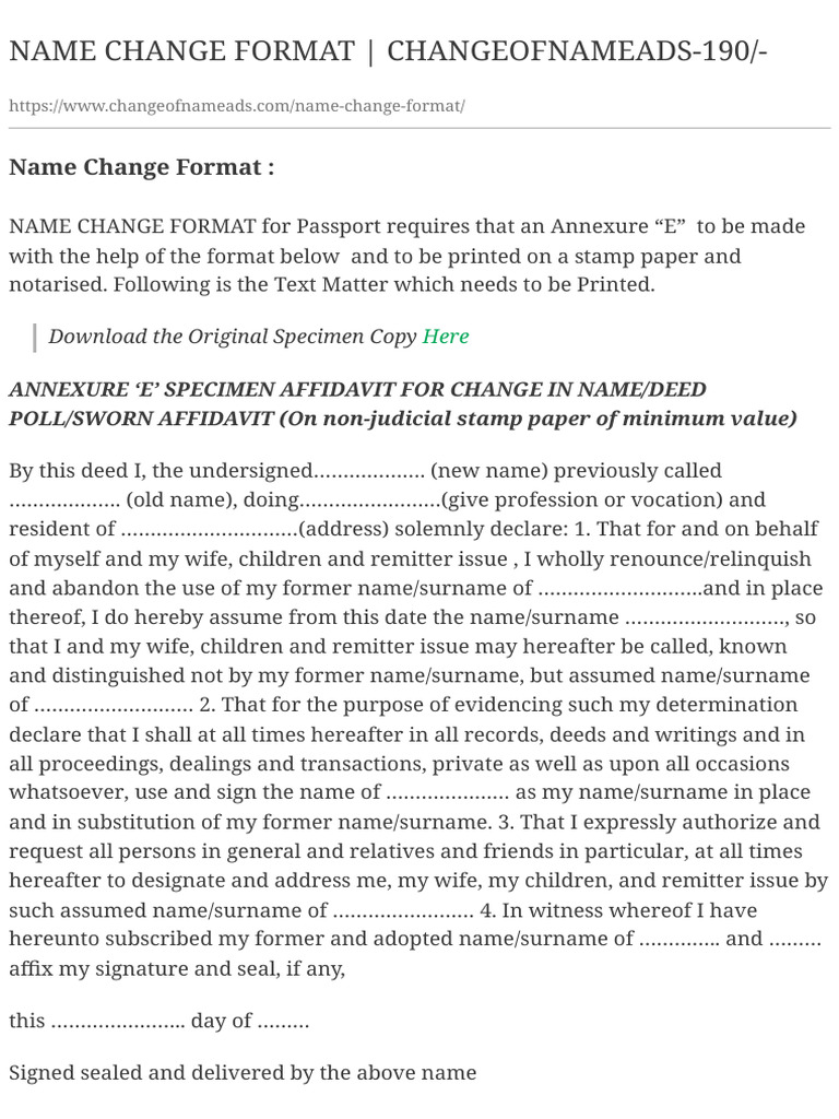 NAME CHANGE FORMAT Affidavit Deed Pol | PDF | Affidavit | Civil Law (Common Law)
