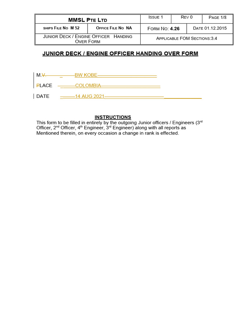 4E GULLEM Handover notes | PDF | Shipping | Ships