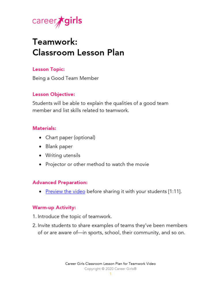 Teamwork Empowerment Lesson Classroom Lesson Plan | Download Free PDF ...