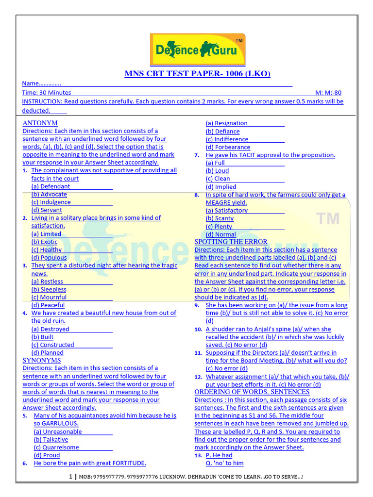 Mns CBT Model Question Paper | PDF