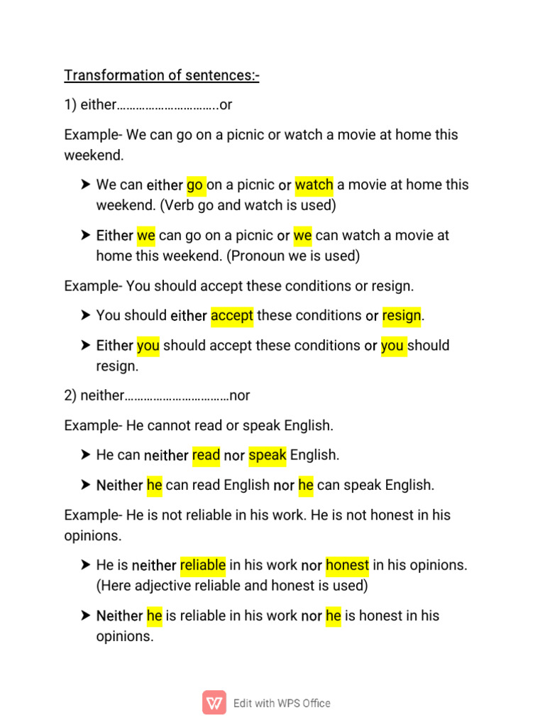 Rules for Transformation of Sentences | PDF