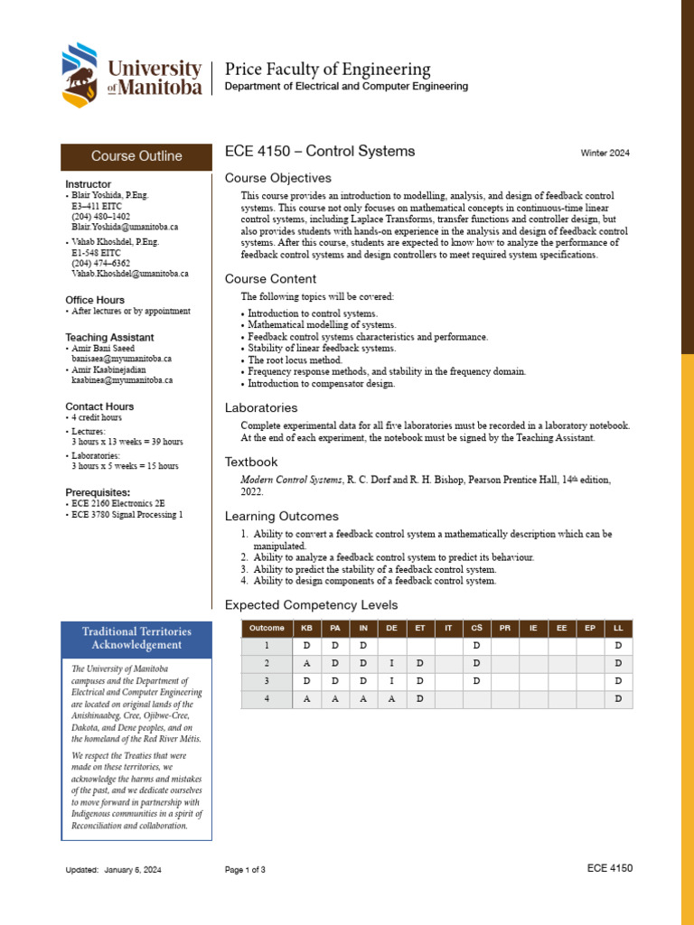 Control Prinicple Course outline Univ | PDF | Electronic Engineering | Control Theory