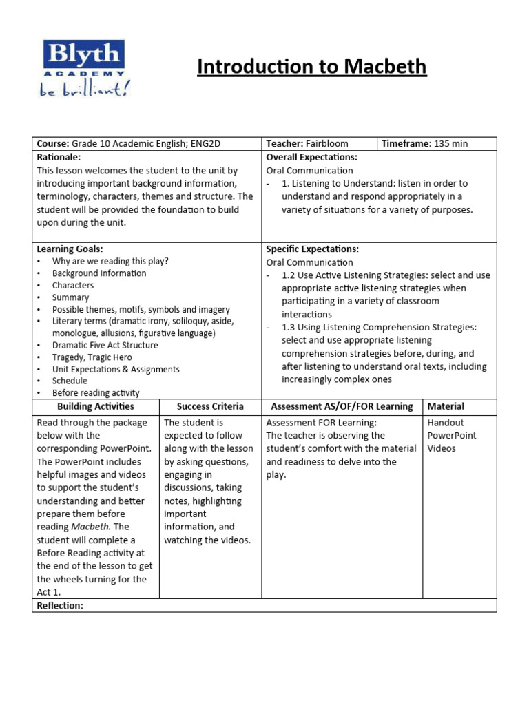 Eng2d Macbeth Introductory Lesson Plans | PDF | Macbeth