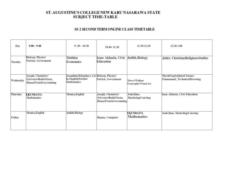 SS2 Online Class Timetable - St. Augustine's College | PDF