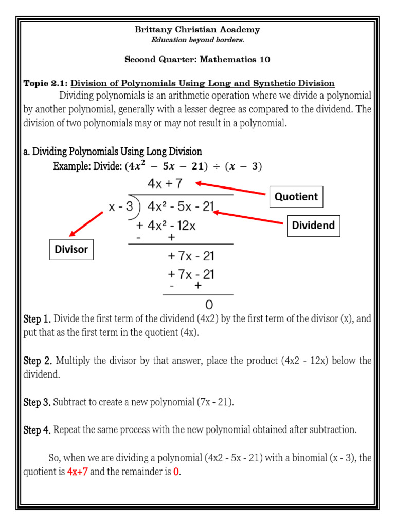 Division of Polynomials | PDF | Division (Mathematics) | Polynomial