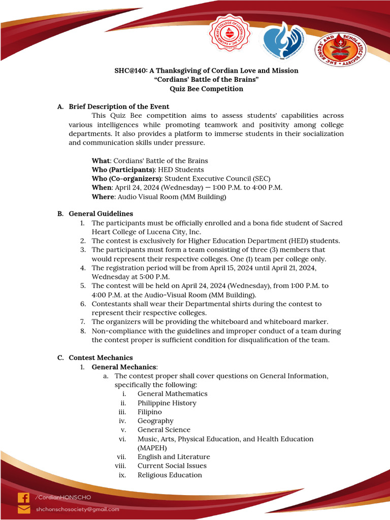 Cordians' Battle of the Brains Quiz Bee | PDF | Sports & Recreation ...