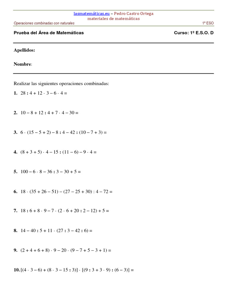 Enunciados Ejercicios Operaciones Combinadas 1 ESO | PDF