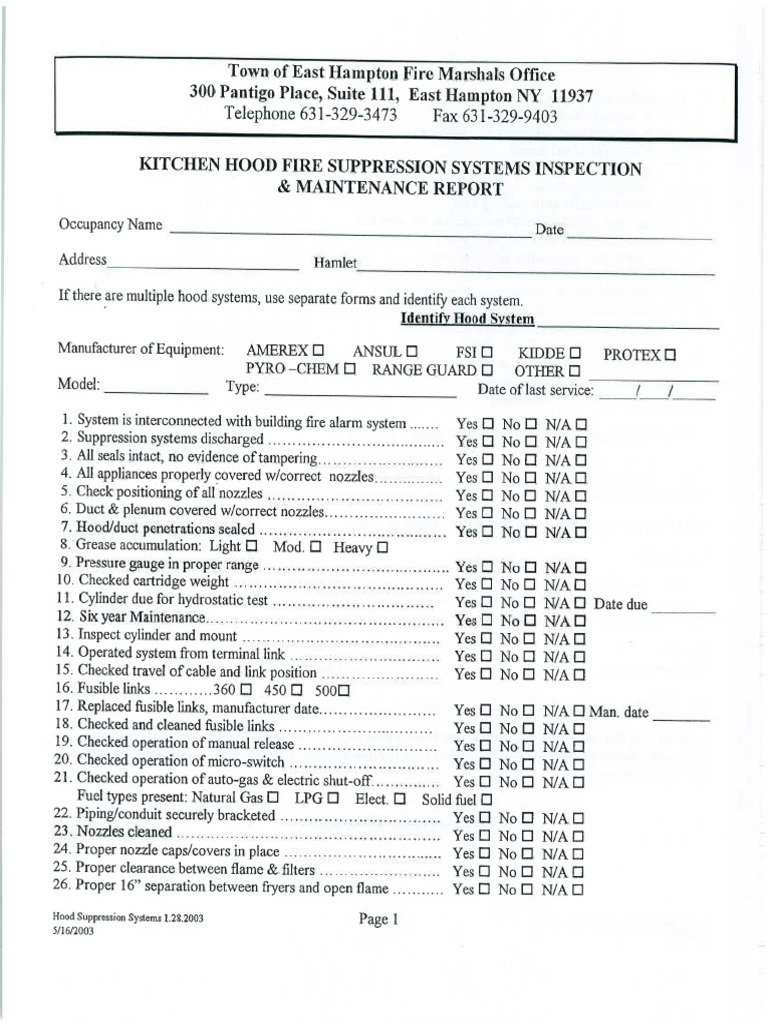 Kitchen Hood Fire Suppression Systems Inspection and Maintenance Report ...