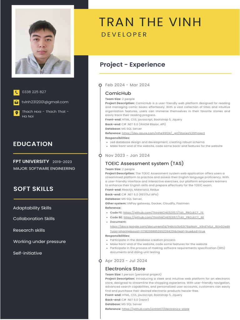 (FU) CV Intern .NET - Tran The Vinh | PDF | J Query | Web Development