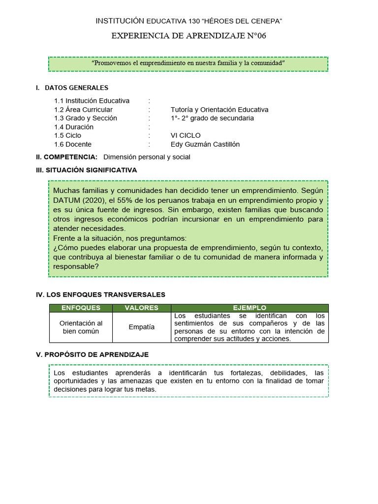 EXPERIENCIA DE APRENDIZAJE 6 TUTORIA 1° y 2° Grado | Descargar gratis PDF | Iniciativa ...
