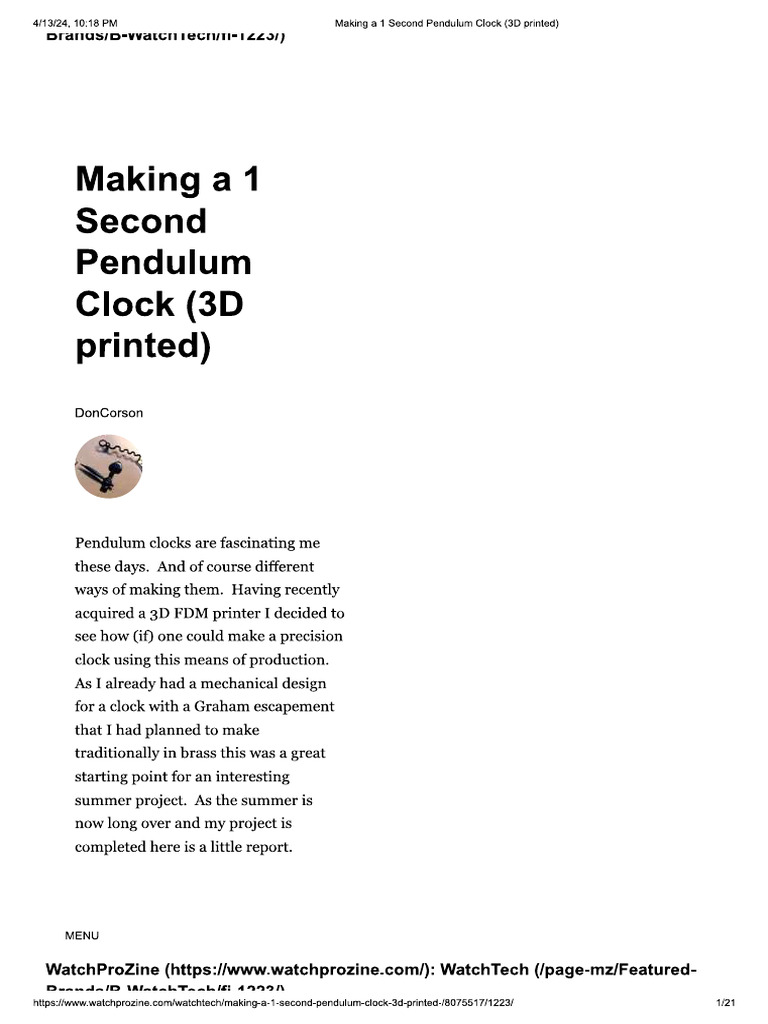 Making a 3d printed pendulum gear clock | PDF