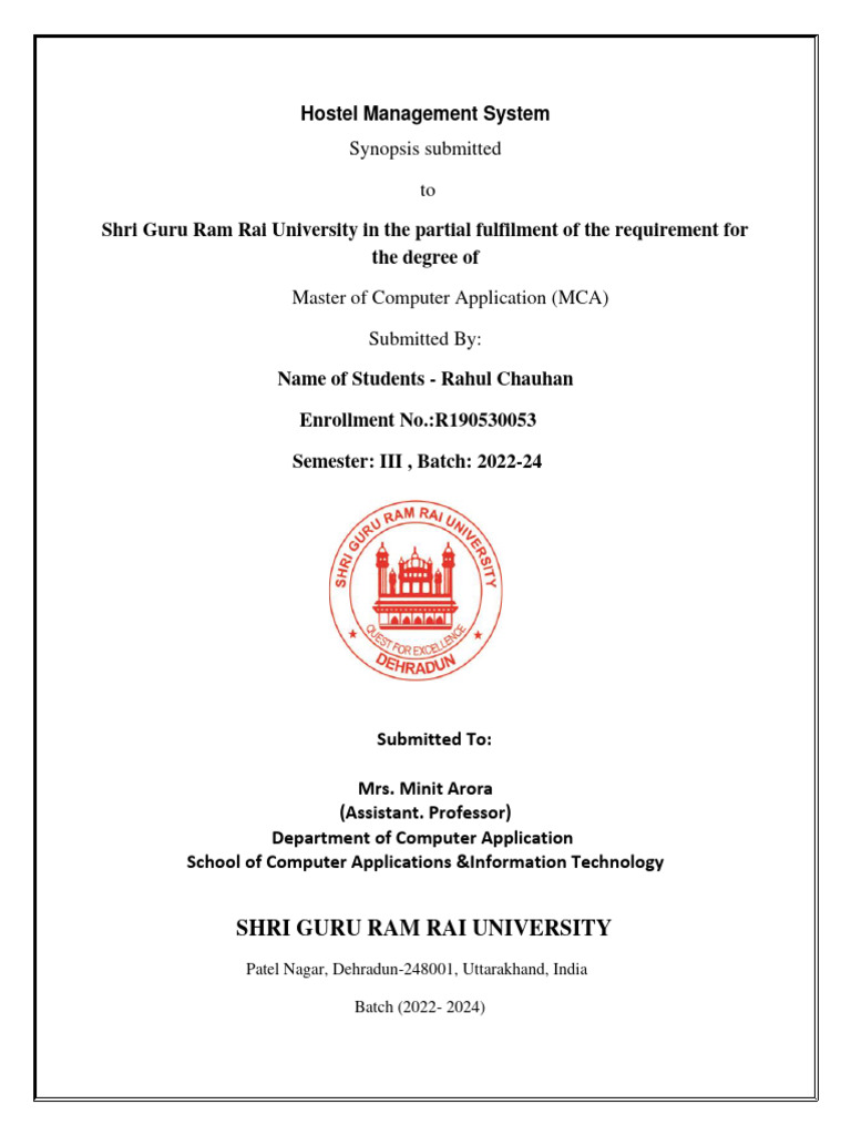 Hostel System Synopsis Mca 22 | PDF | Php | My Sql
