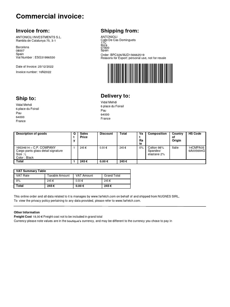 Facture Farfetch Cargo CP noir | PDF | Value Added Tax | Cargo