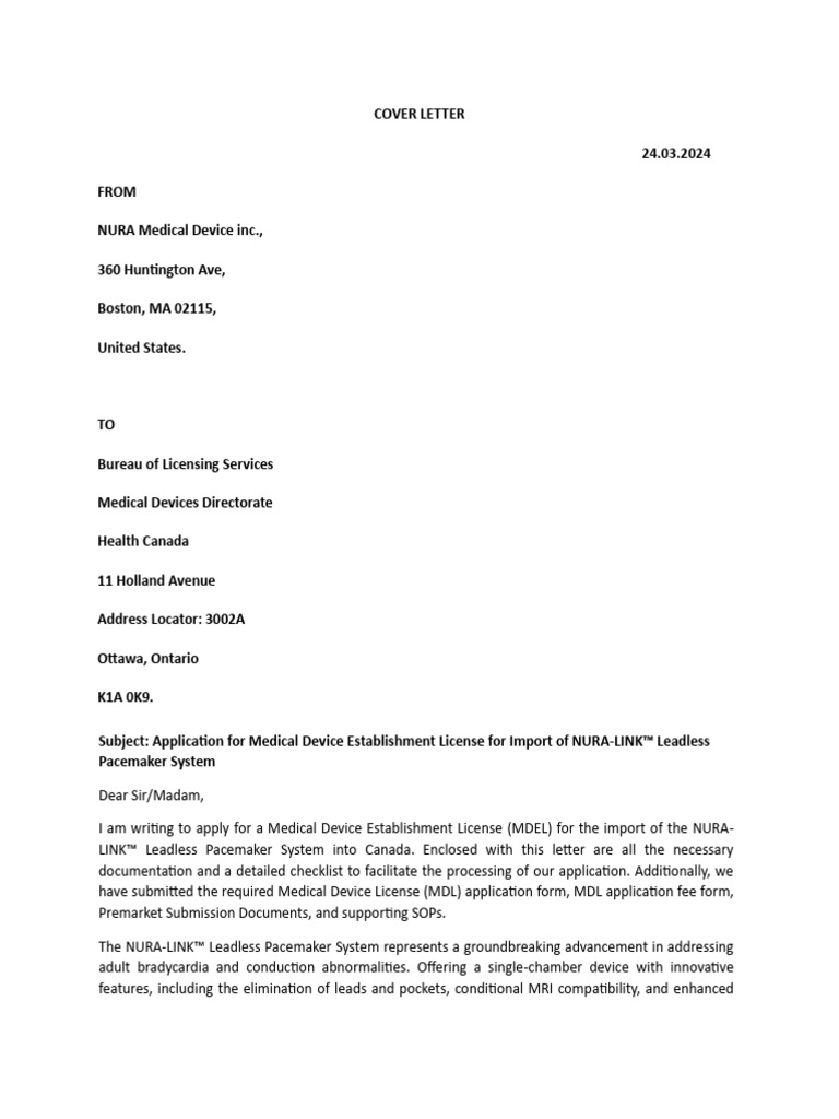 Medical Device Establishment License Cover Letter | PDF | Medical ...