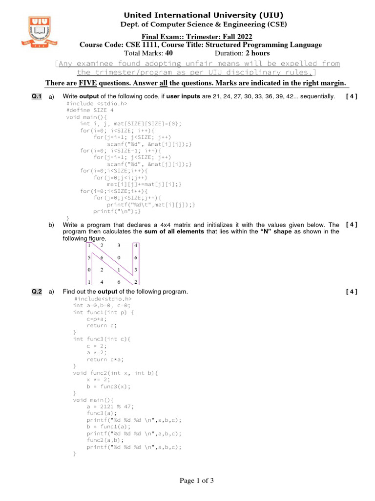 00 CSE 1111 SPL - FinalExam - Fall - 2022 Formatted | PDF | Parameter (Computer Programming ...