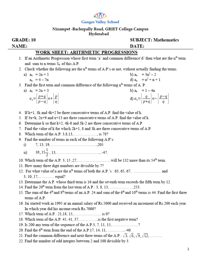 G-10 A.P (Arithmetic Progressions) WORKSHEET | PDF | Mathematics ...