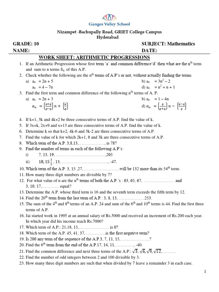 G-10 A.P (Arithmetic Progressions) WORKSHEET | PDF | Numbers ...