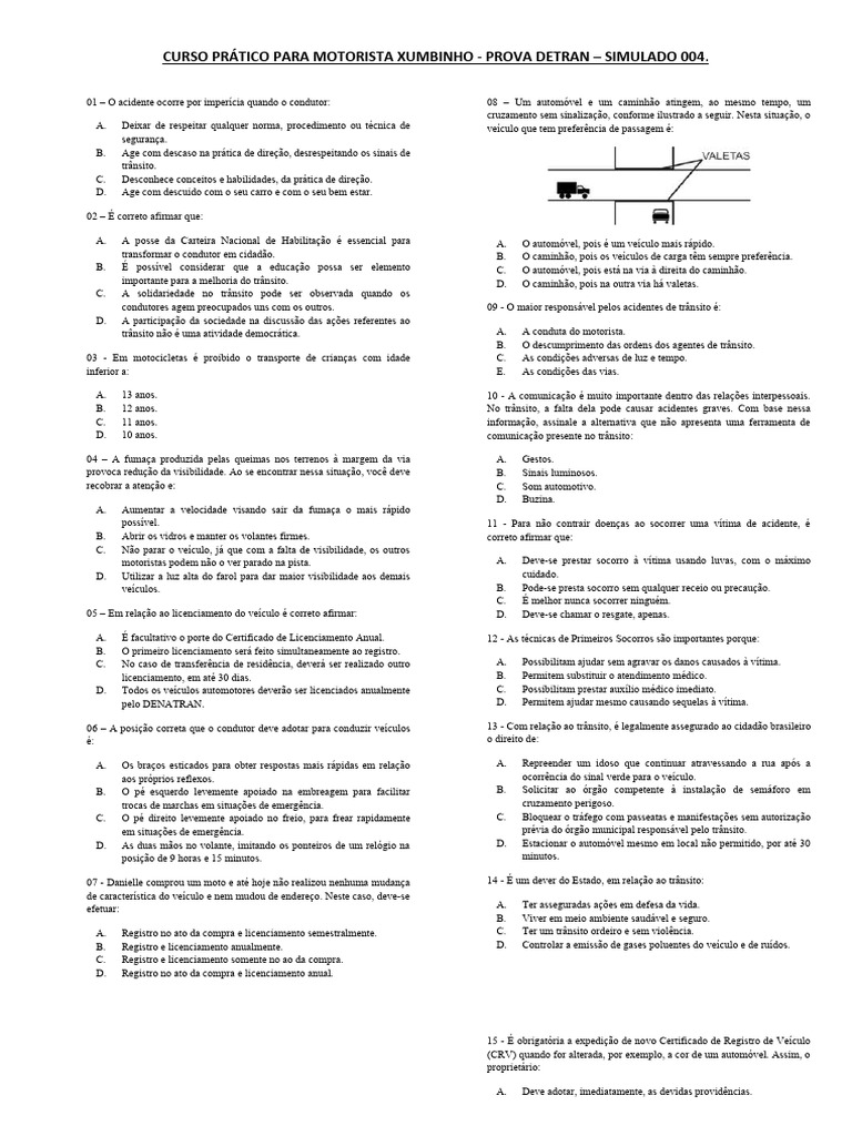 Curso Prático para Motorista Xumbinho - Prova Detran - Simulado 004 ...