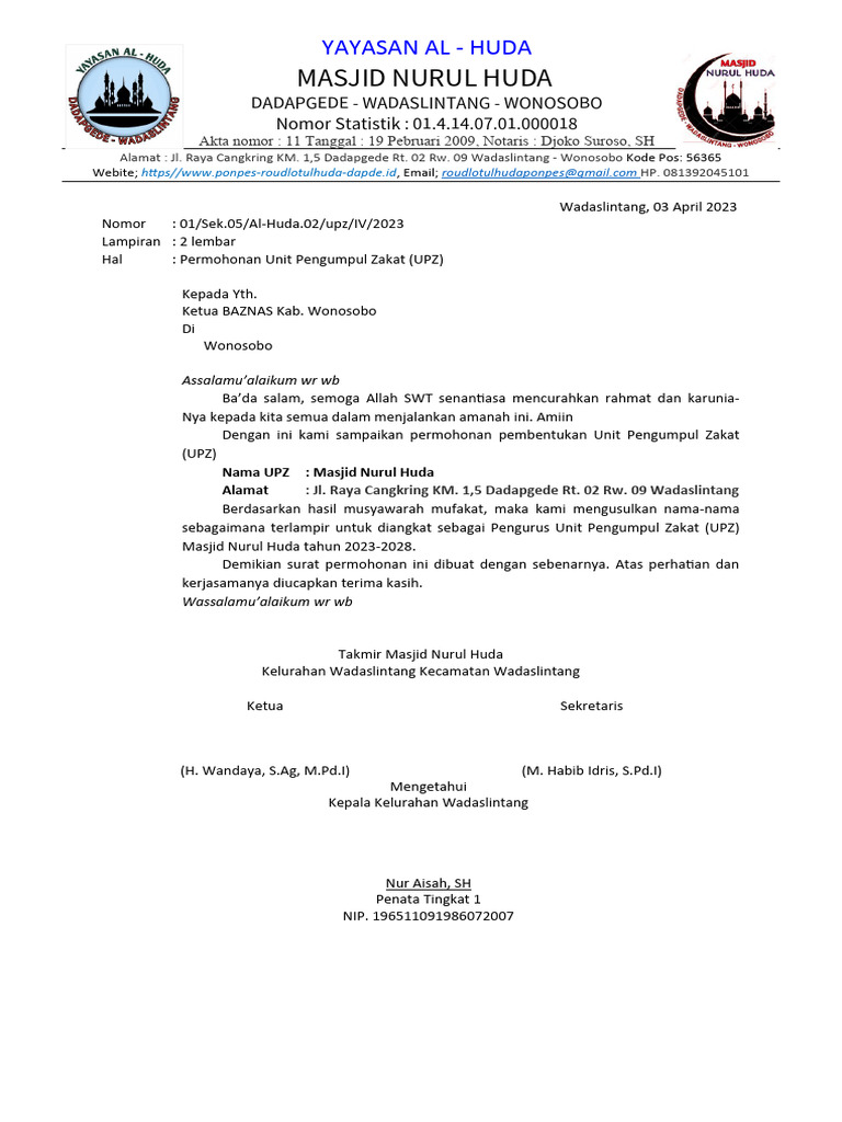 Permohonan Upz Masjid Nurul Huda Dadapgede-1 | PDF