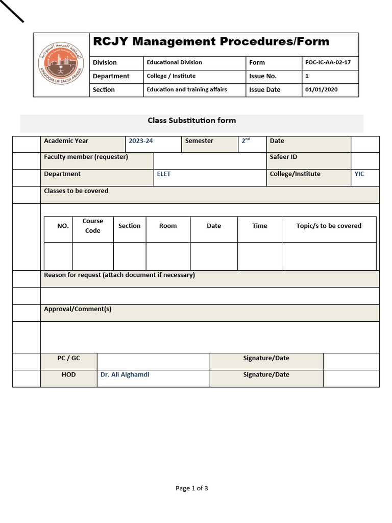 Class Substitution Form - Blank | PDF