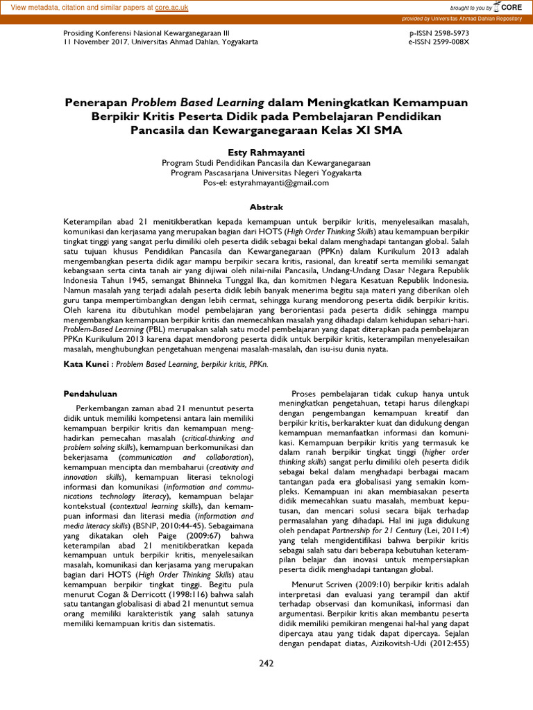 Penerapan Problem Based Learning Dalam Meningkatkan Kemampuan Berpikir Kritis Peserta Didik Pada ...