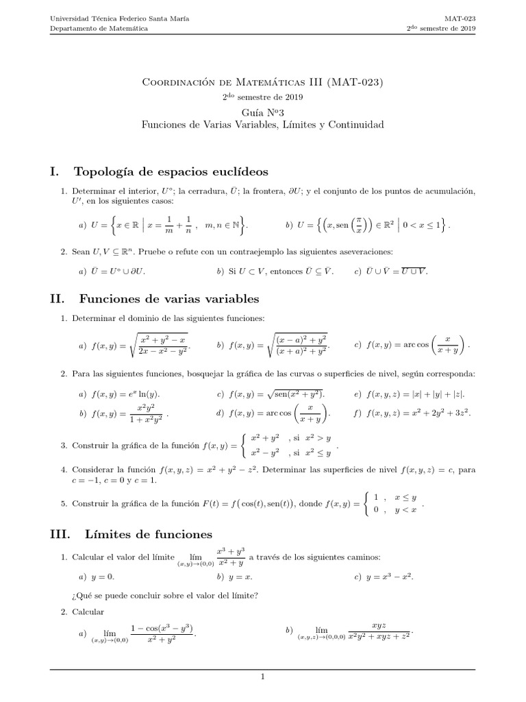Guía de ejercicios Unidad N°2 Funciones de varias variables - varias variables ...