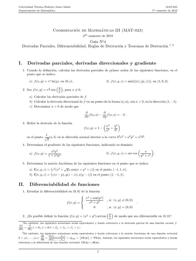 Guía de Ejercicios Unidad N°2 Funciones de Varias Variables - Diferenciabilidad | PDF | Derivado ...