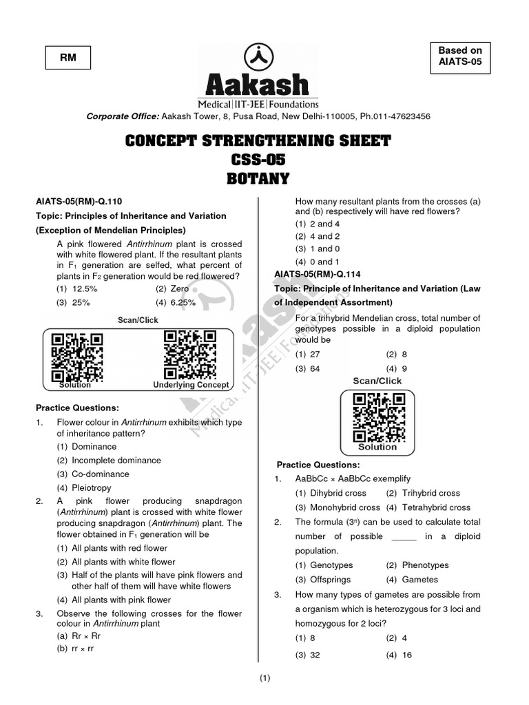 Concept Strengthening Sheet (CSS-05) Based On AIATS-05 (RM) - Botany | PDF | Dominance (Genetics ...
