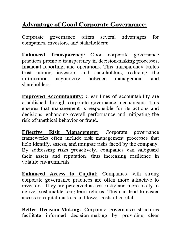 Advantage of Good Corporate Goverance | PDF | Governance | Corporate Governance