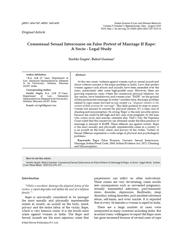 Consensual Sexual Intercourse On False Pretext of Marriage If Rape: A Socio - Legal Study | PDF ...