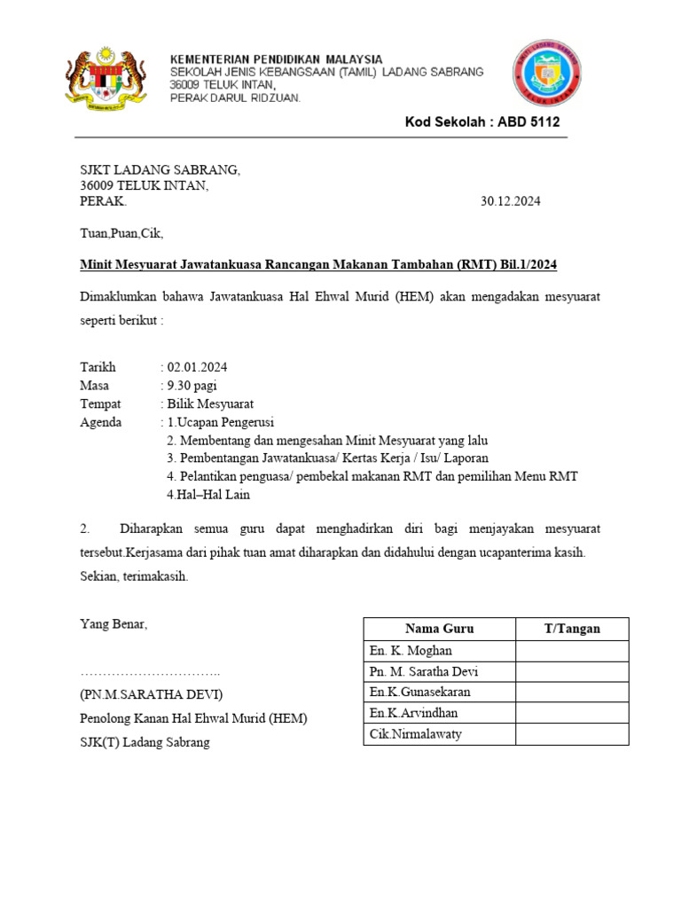 Minit Mesyuarat RMT 2024 | PDF