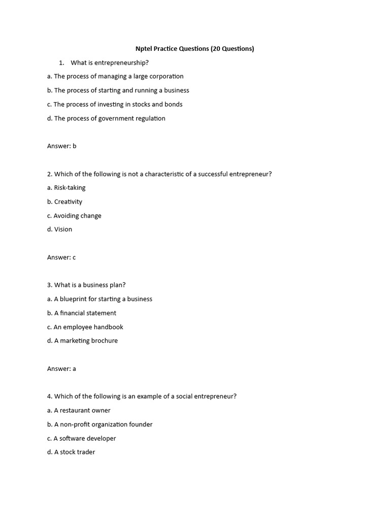 Nptel Practice Questions Day-1 | PDF | Entrepreneurship | Startup Company