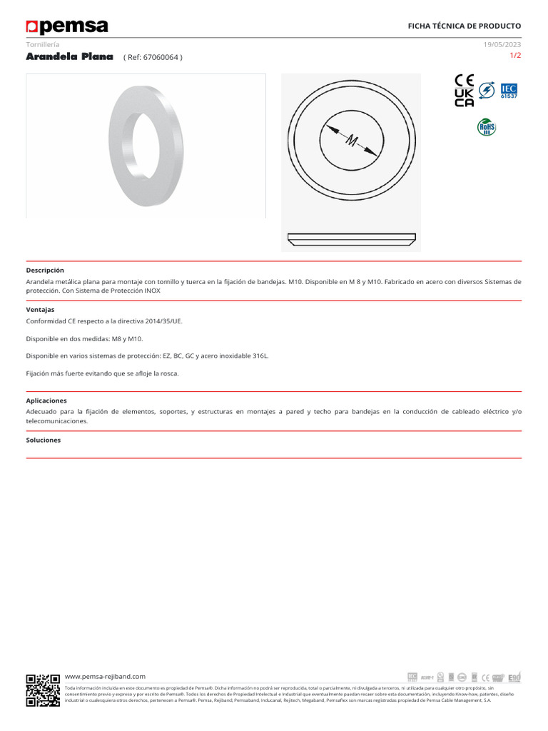 Specifications Arandela Plana 67060064 | PDF | Tornillo | Arandela (Hardware)