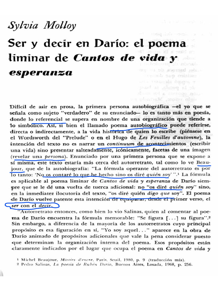 Sylvia Molloy Ser y Decir en Dario El Poema Liminar de Cantos de Vida y ...