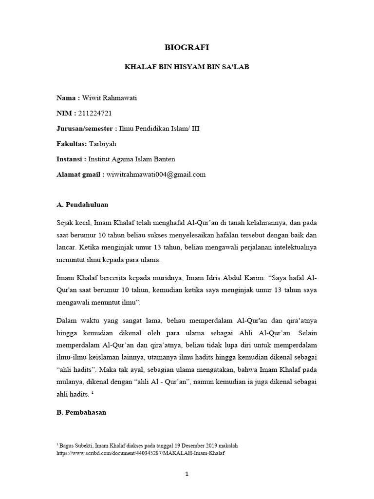 Biografi Khalaf Bin Hisyam Bin Sa'lab | PDF