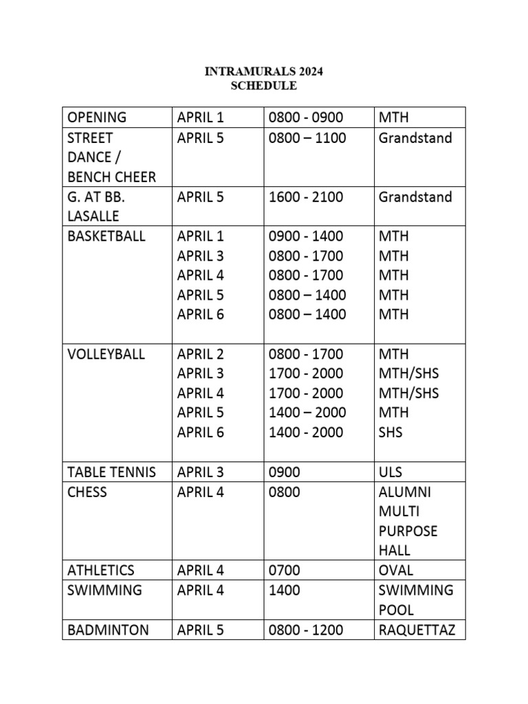 Intramurals 2024 Revised Sched | PDF | Sports